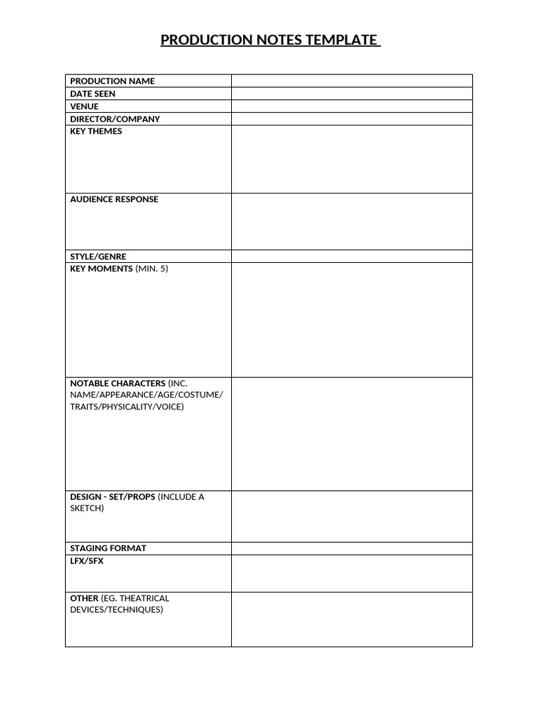 Production Notes Template | PDF