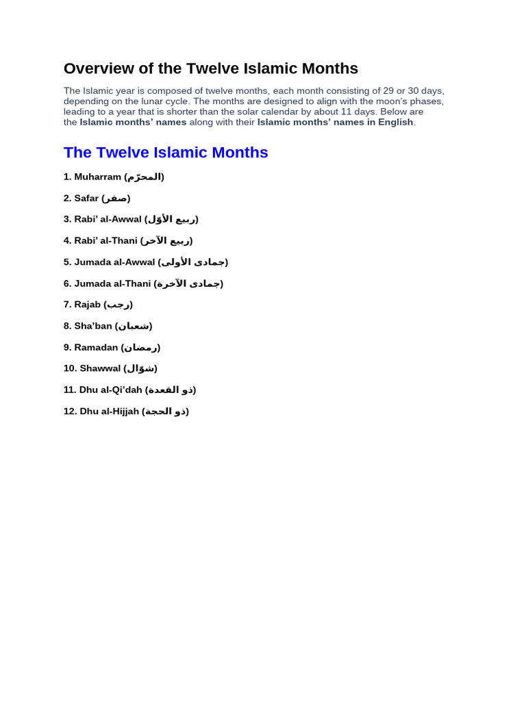 Overview of The Twelve Islamic Months | PDF