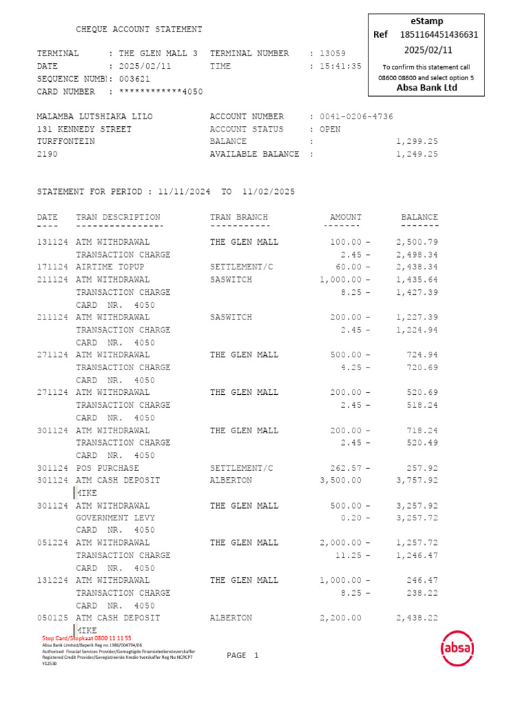 Absa Cheque Account Statement Summary | PDF | Automated Teller Machine ...