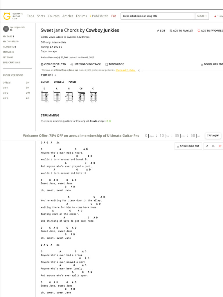SWEET JANE CHORDS (Ver 2) by Cowboy Junkies @ | PDF | Guitar Family ...