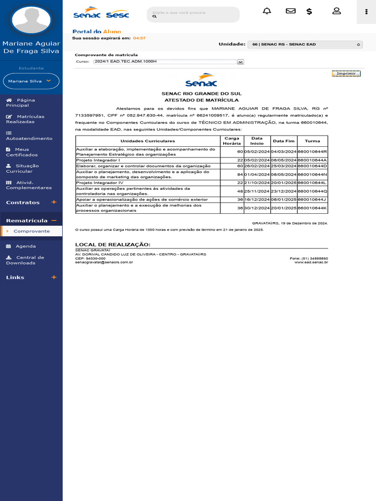 Comprovante de Matrícula - Portal Acadêmico | PDF