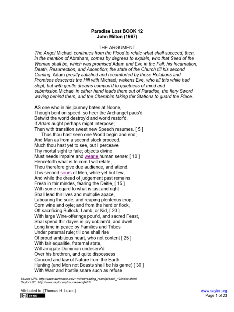 ENGL402 Milton Paradise Lost Book 12 | PDF | Book Of Exodus | Ham (Son ...