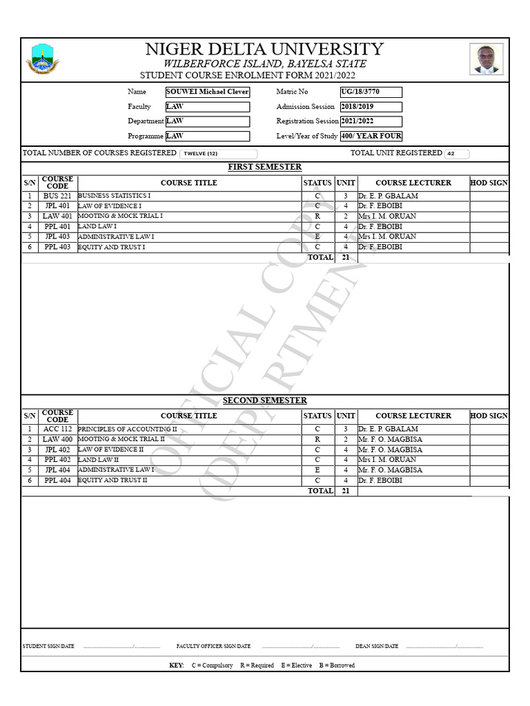 NDU Student Course Enrolment Form 2021 | PDF