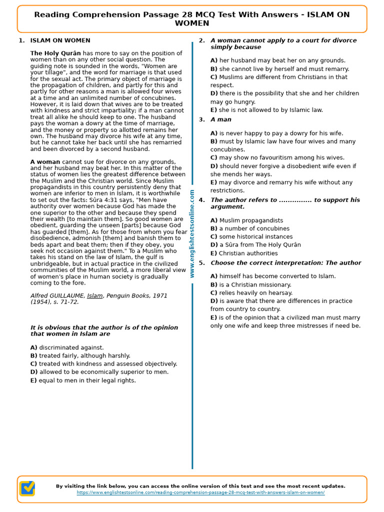 598 Reading Comprehension Passage 28 Mcq Test With Answers Islam on ...
