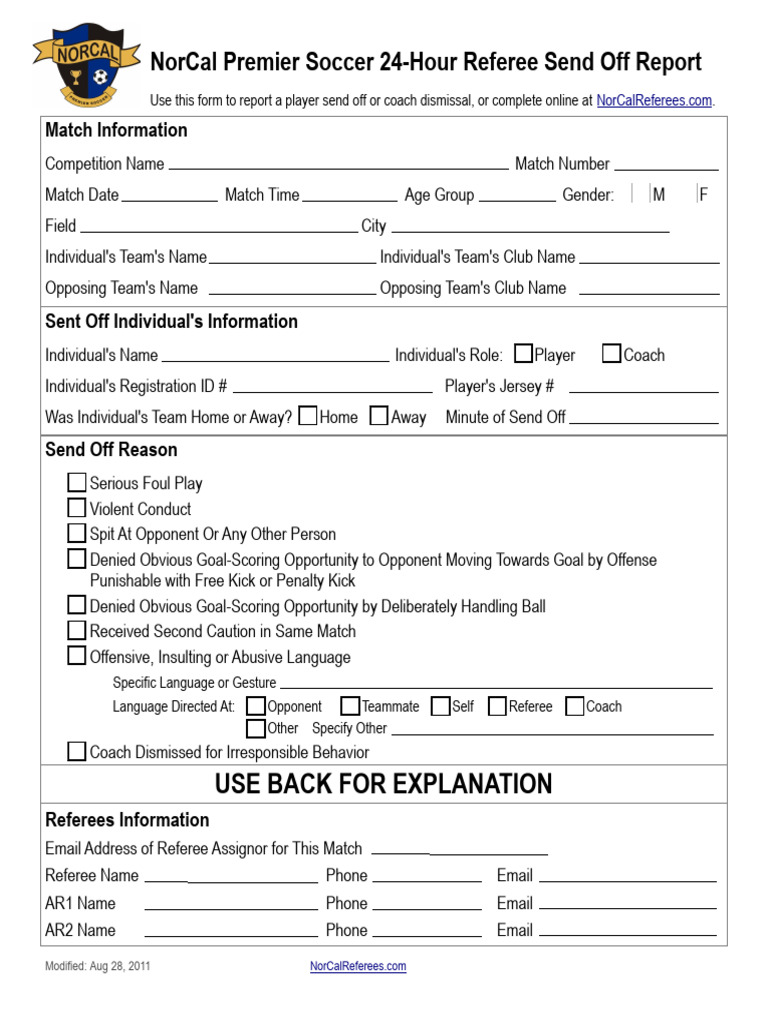 Referee Send Off Report Form | PDF