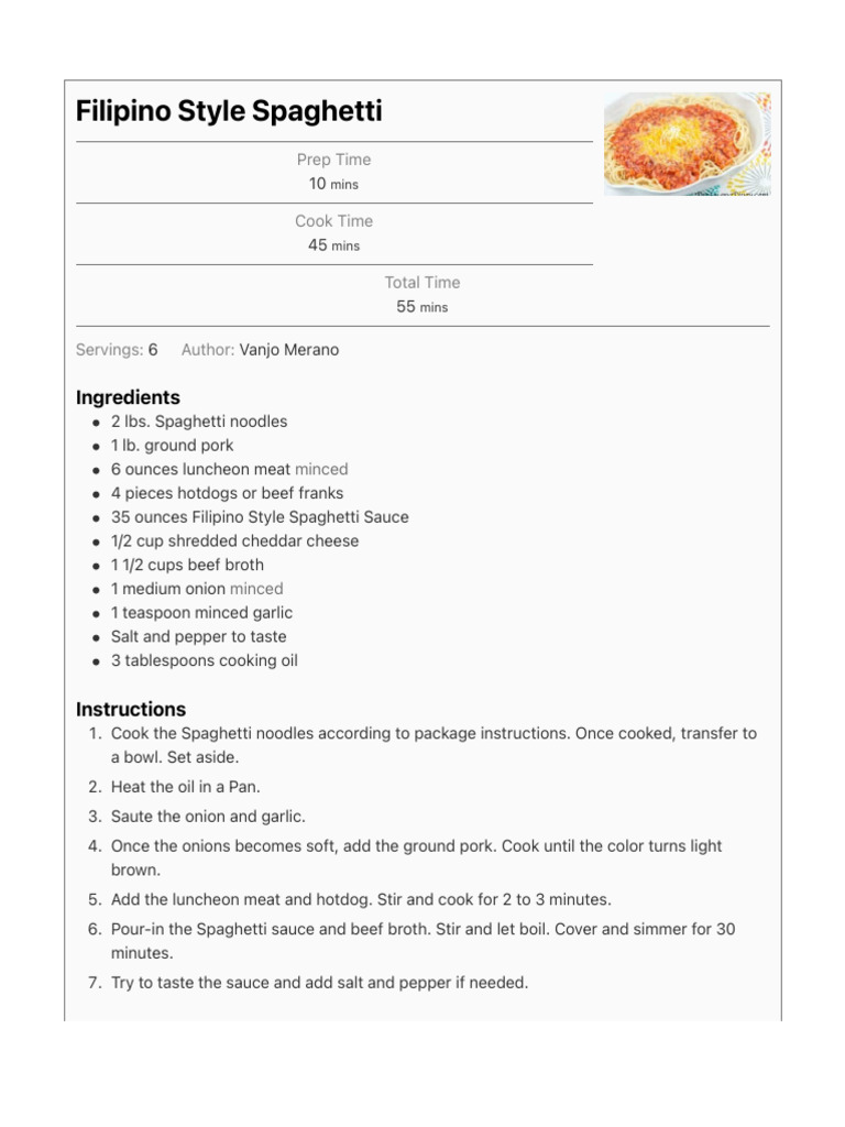 Filipino Style Spaghetti Recipe | PDF