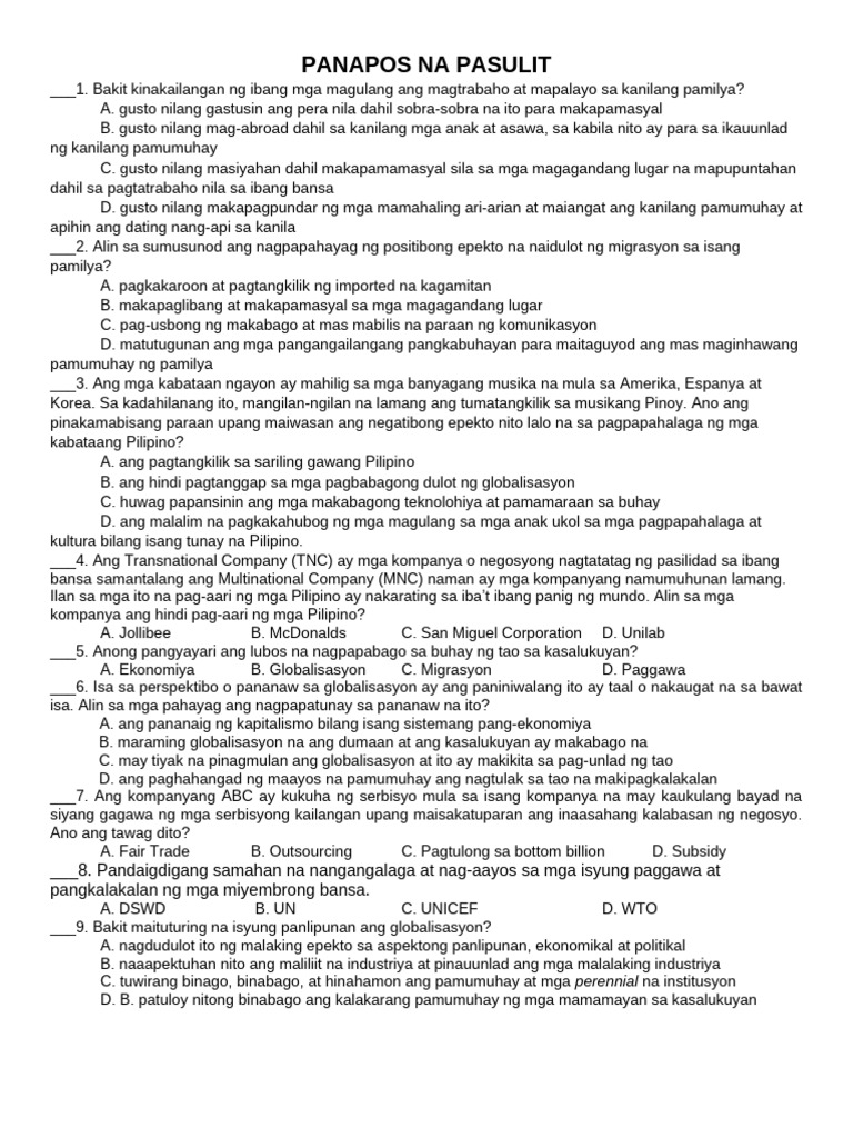 Panapos Na Pasulit Q2 - Ap10 | PDF