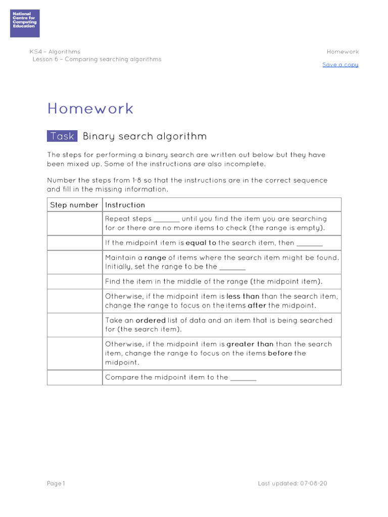 L6 Homework – Algorithms – KS4 | PDF