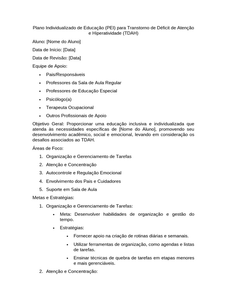 Modelo de PEI Preenchido - TDAH | PDF | Transtorno de déficit de ...