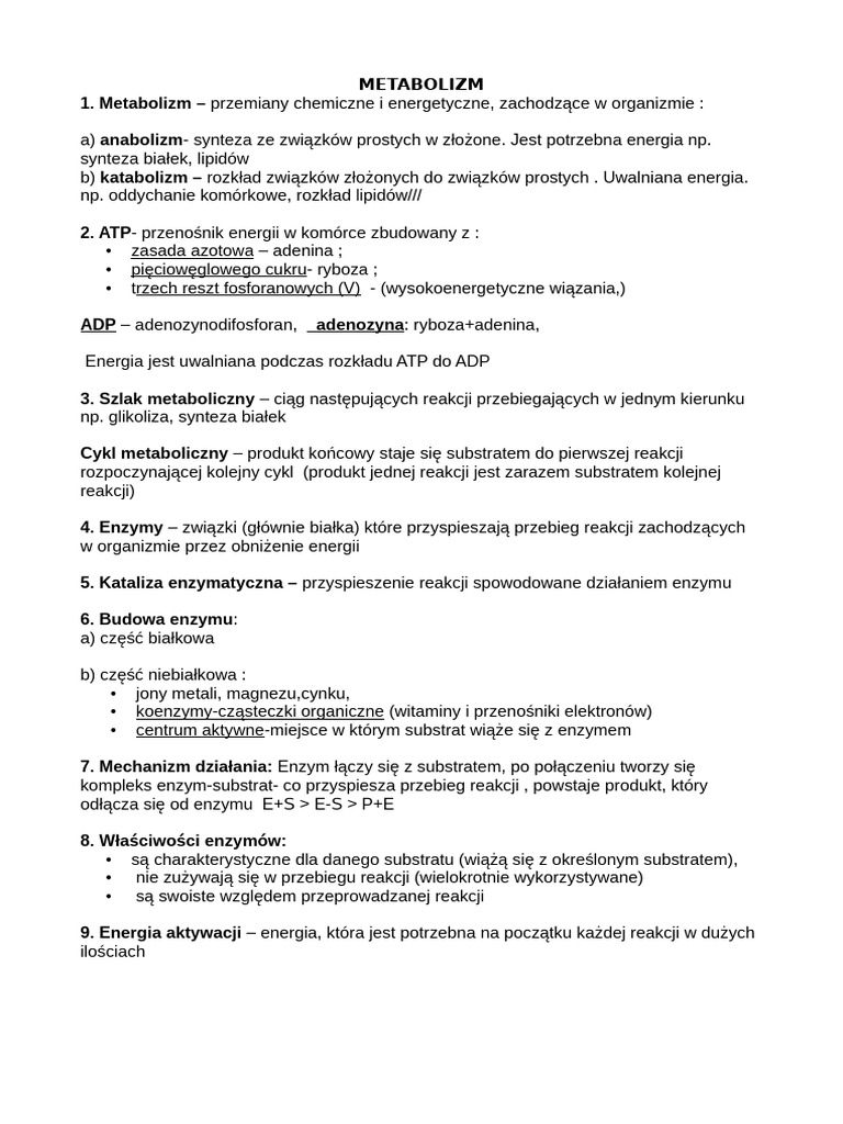 Notatka Metabolizm | PDF