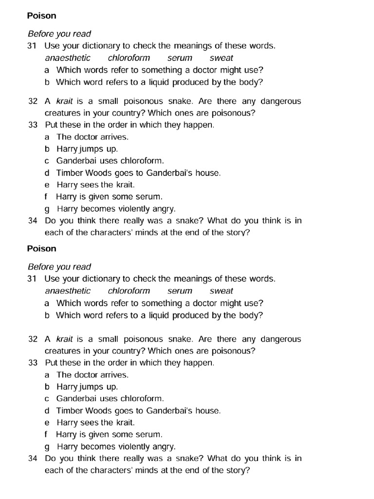 POISON by Roald Dahl - Reading Comp | PDF