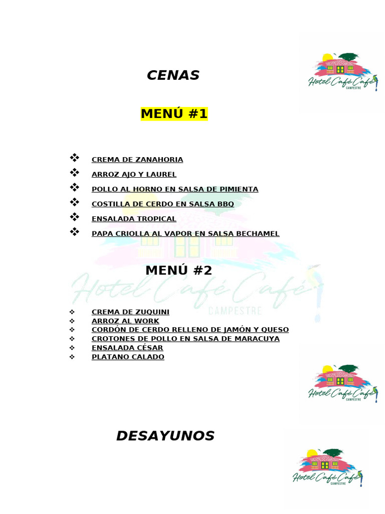 Menu Desayuno Almuerzo Cena Definido | PDF