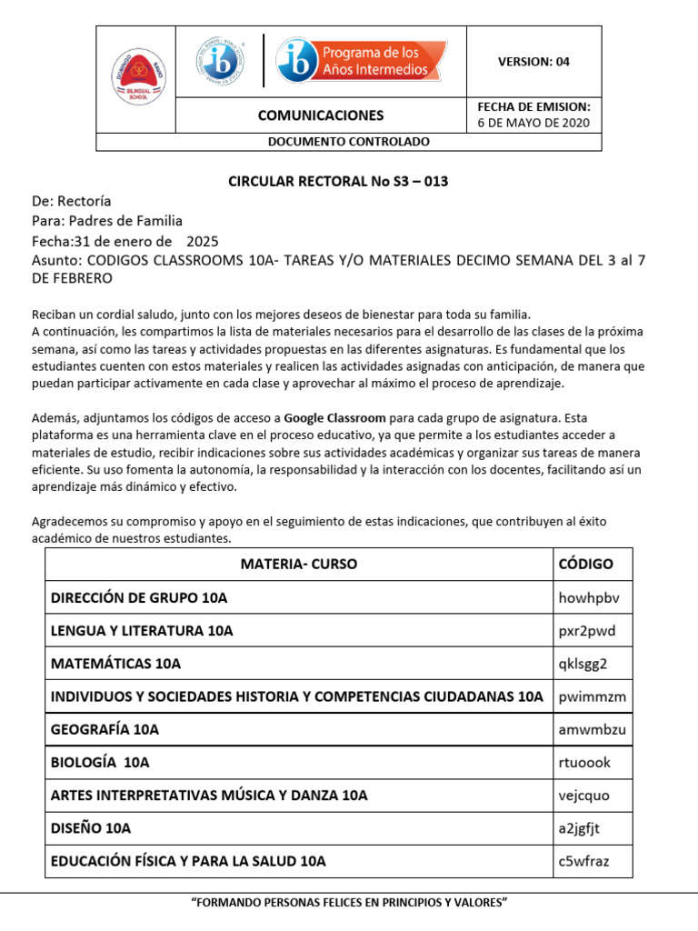 CIRCULAR RECTORAL No S3 – 013 CODIGOS CLASSROOMS 10A TAREAS Y-O MATERIALES DECIMO SEMANA DEL 3 ...