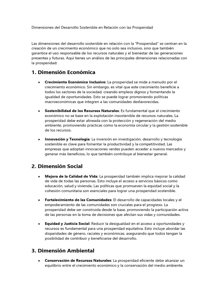Dimensiones del Desarrollo Sostenible en Relación con las Prosperidad | PDF | Sustentabilidad ...