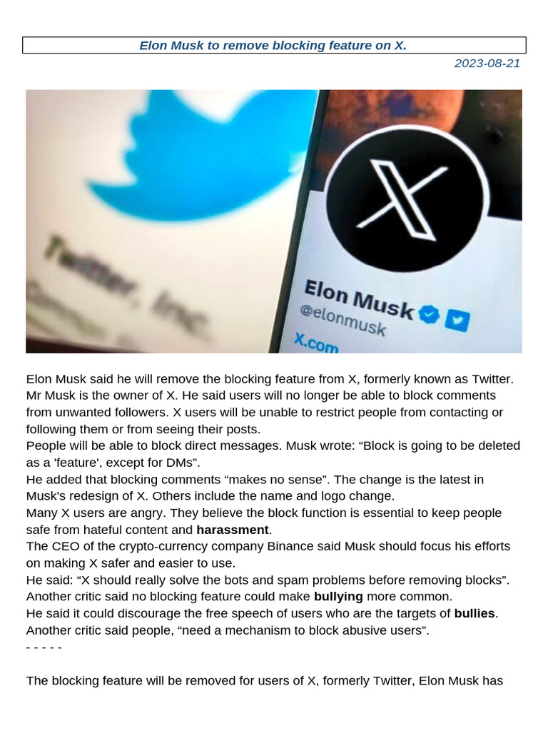 Elon Musk To Remove Blocking Feature On X | PDF | Elon Musk | Online Services