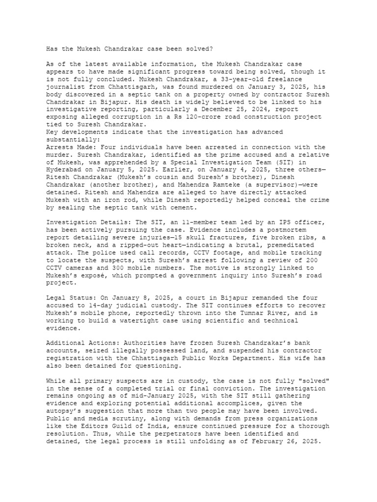 Has The Mukesh Chandrakar Case Been Solved | PDF | Crimes | Crime ...