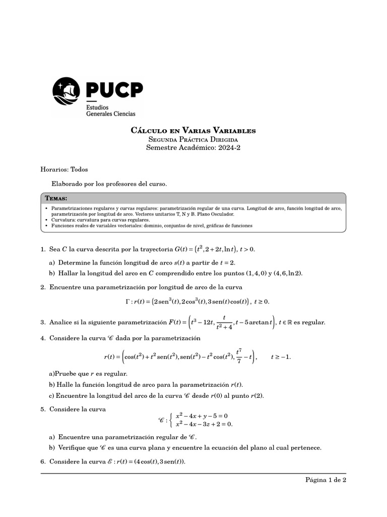PD2 - Cálculo en Varias Variables | PDF | Curva | Conceptos matemáticos