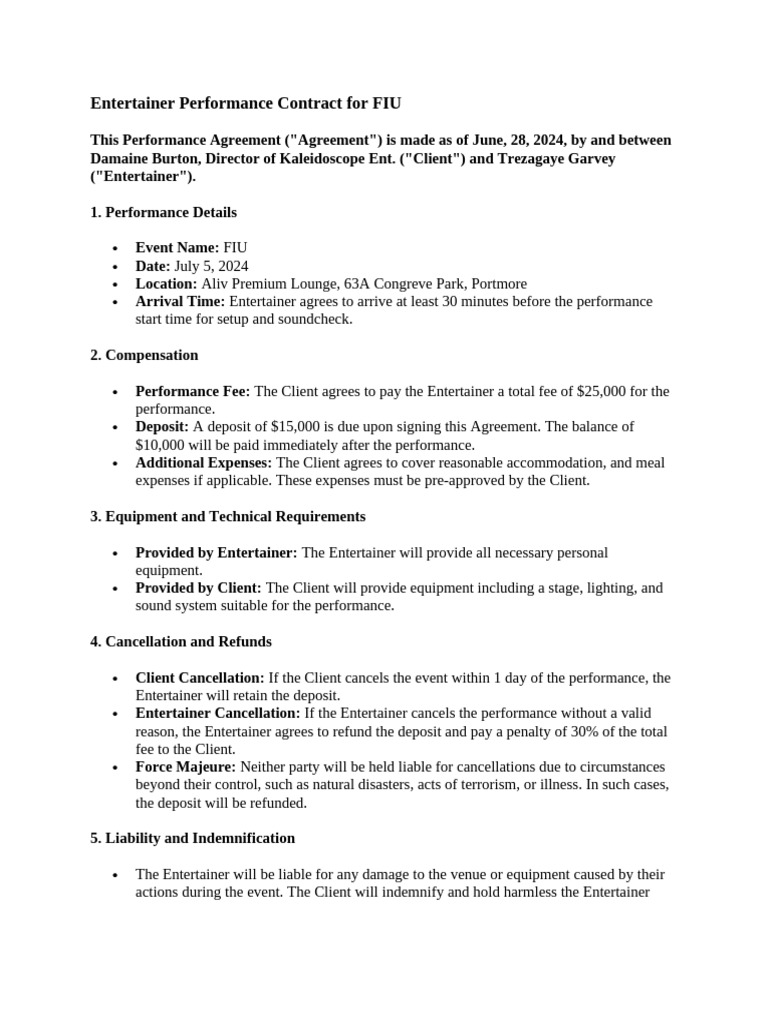 Entertainer Performance Contract For FIU | PDF | Indemnity | Justice