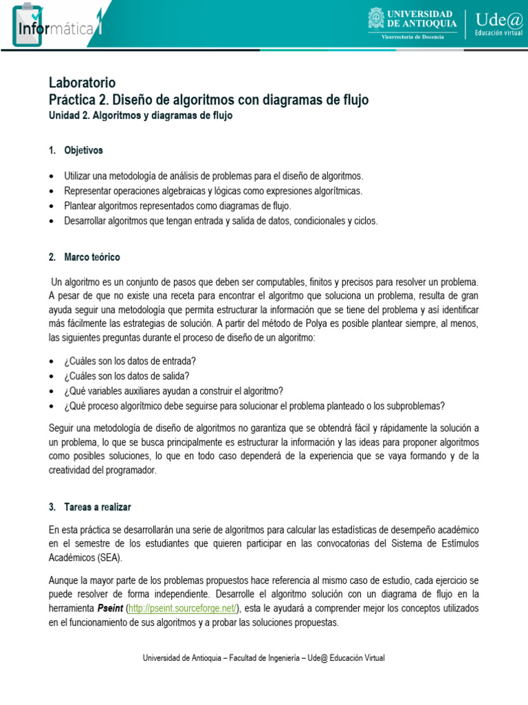 Infoi-U2-Laboratorio-Practica2-Diseno-Algoritmos-Diagramas-Flujo 2023-2 | PDF | Algoritmos | Diseño