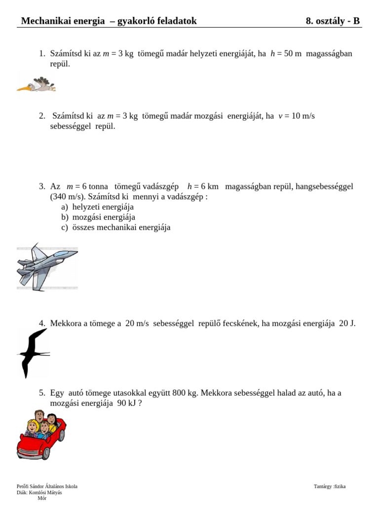 Mechanikai Energia Gyakorló-B | PDF