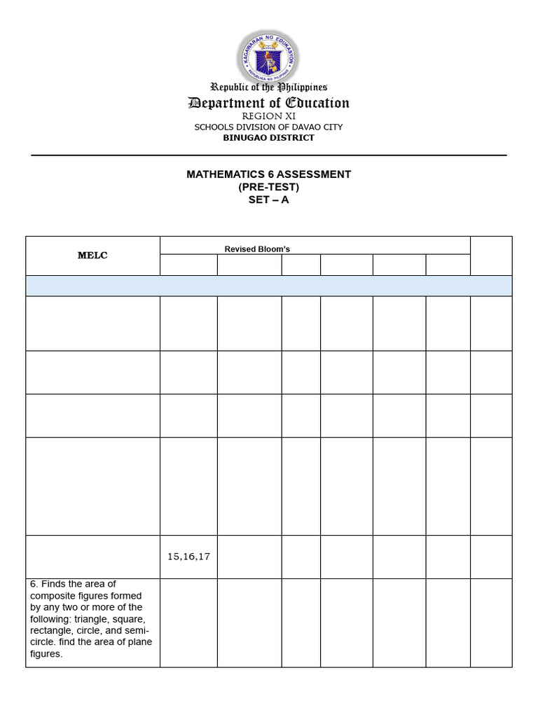 Mathematics 6 Pre-Test Assessment Guide | PDF | Area | Mathematics