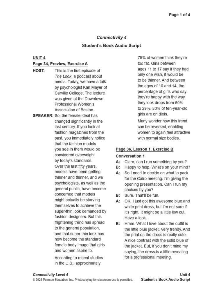 CTY4 Student Book Audio Script Unit 4 | PDF | Body Image | Anorexia Nervosa