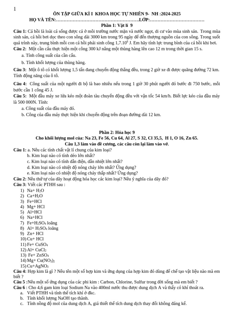 De Cuong On Tap Thi gk1 KHTN 9 24 25 | PDF