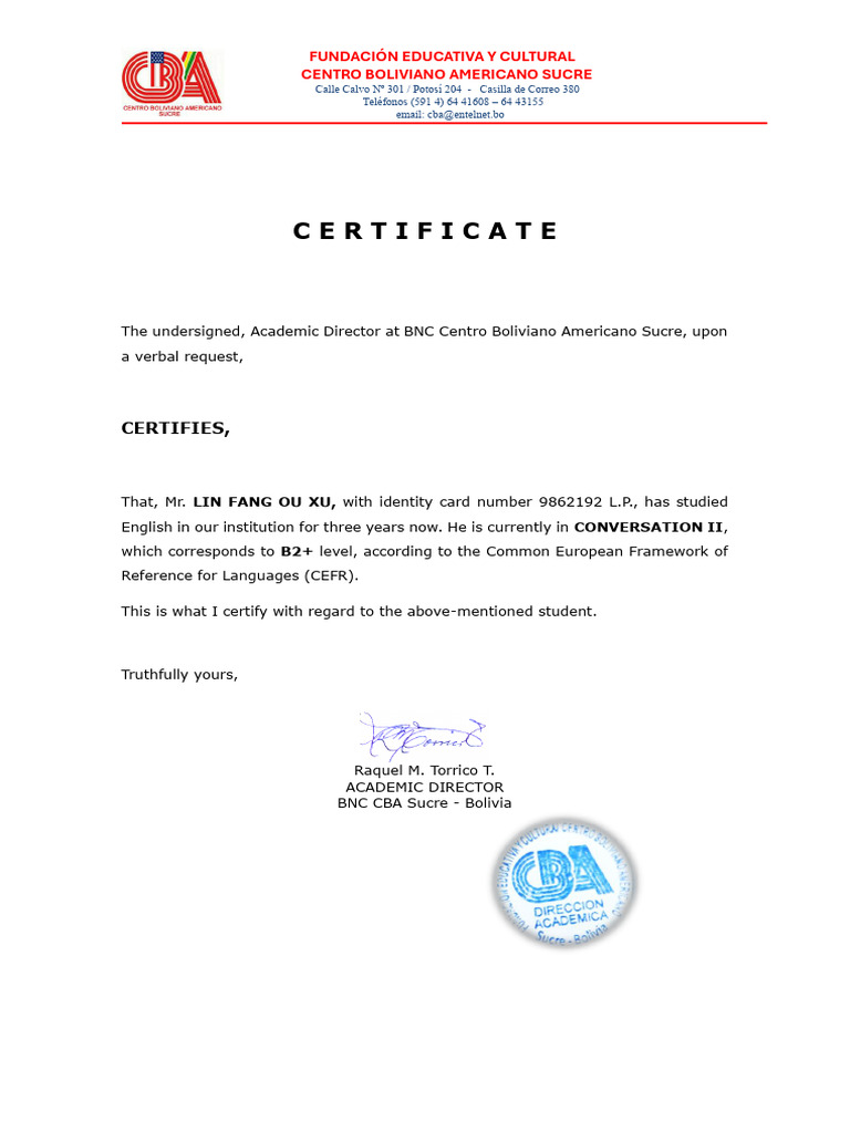 Lin Fang English Certificate | PDF