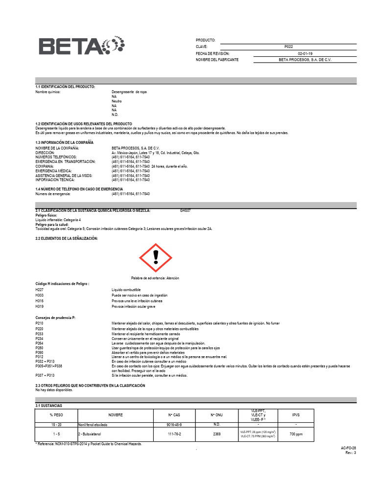 MSDS Beta Degrease SP | PDF | Agua | Química