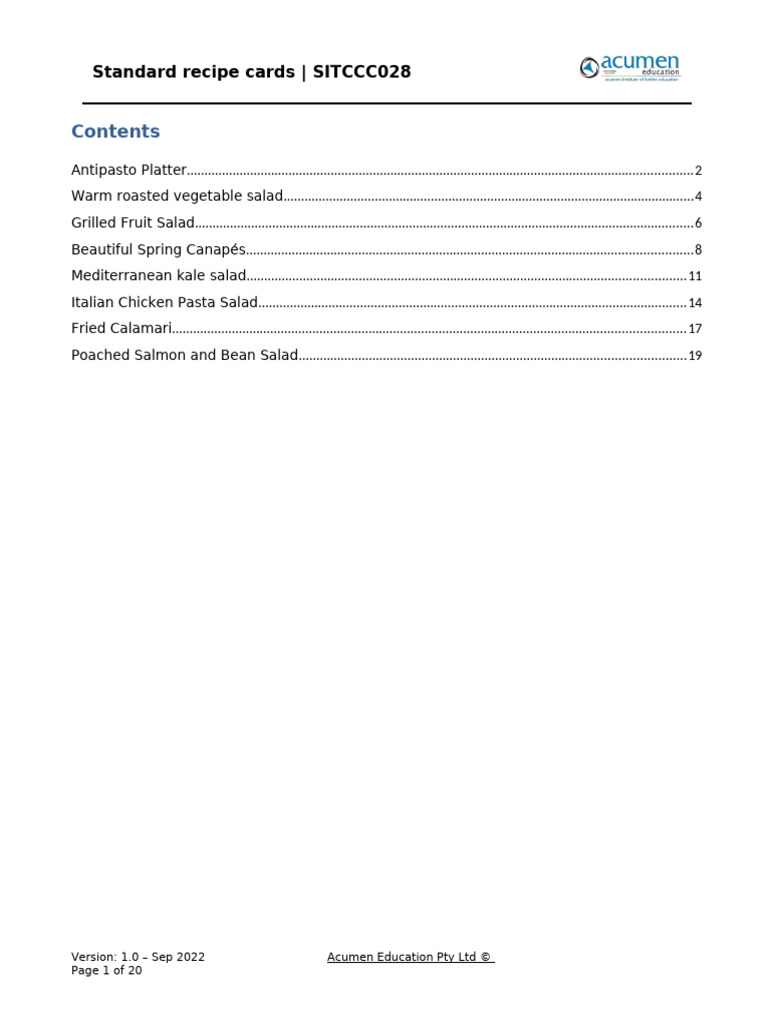 8 - SITHCCC028 - Standard Recipe Card - Acumen | PDF | Vinaigrette | Pesto