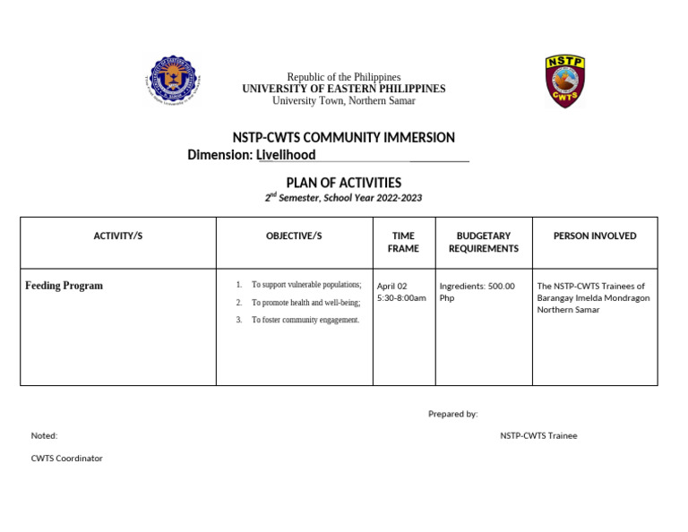 NSTP CWTS Plan of Activities Livelihood 1 | PDF