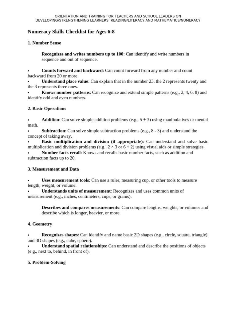 Literacy and Numeracy Skills Checklist | PDF | Literacy | Learning