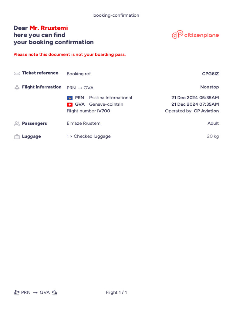 Booking Confirmation Rrustemi CPG6IZ | PDF