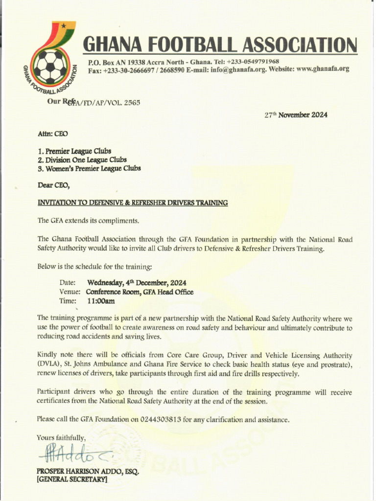 GFA Letter to Clubs - Defensive & Refresher Drivers Training | PDF