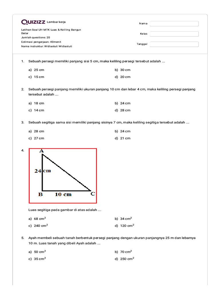 Latihan Soal UH MTK Luas & Keliling Bangun Datar _ Quizizz | PDF