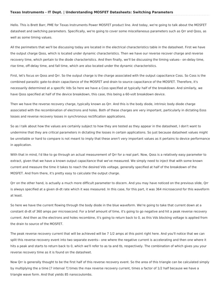MOSFET Datasheets: Key Switching Parameters | PDF | Mosfet | Computer Engineering