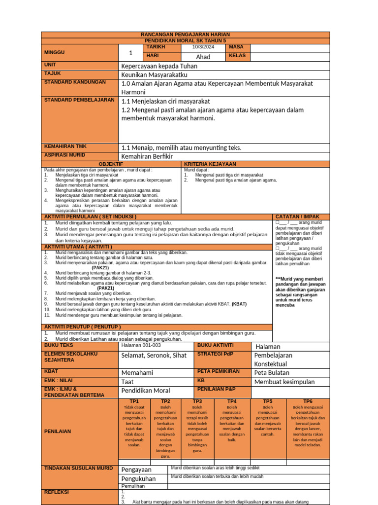 M1 RPH Pendidikan Moral THN 5 2024-2025 by Cikgu Gorgeous | PDF