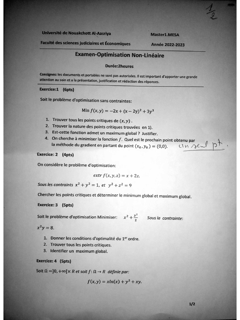 Solution Examen Optimisation de 2022-1 | PDF