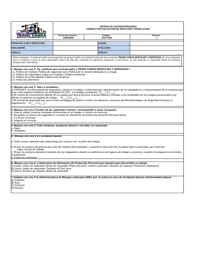 SGI-F-006 Formato de Evaluacion de Induccion y Reinduccion | PDF