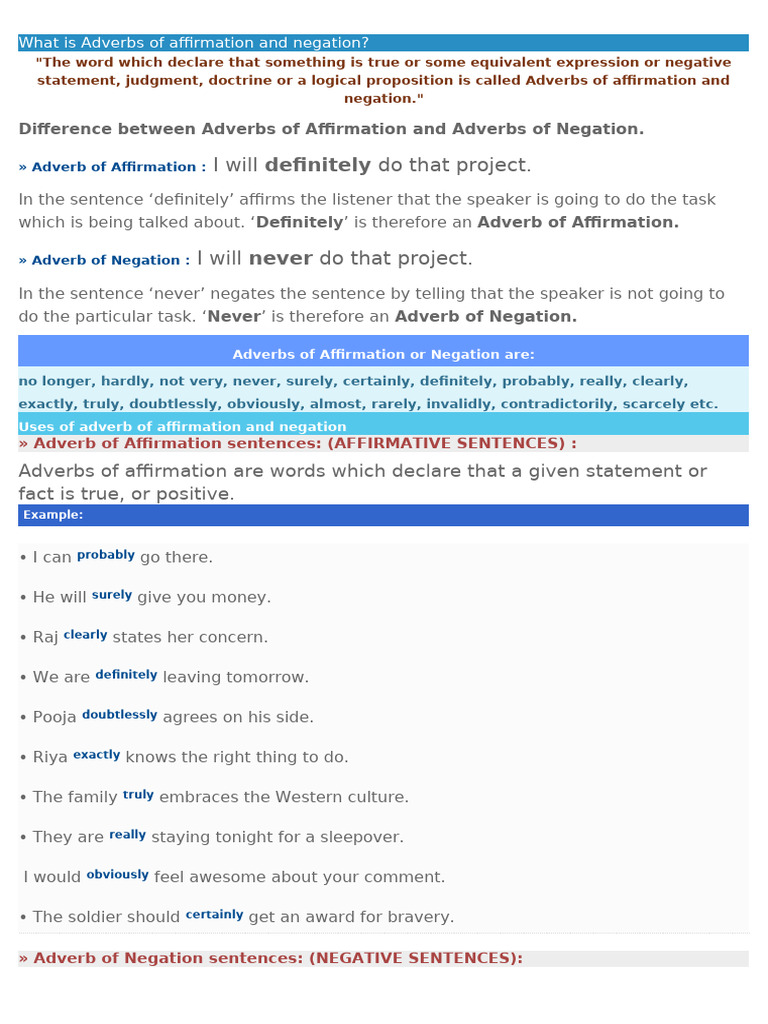 Understanding Adverbs of Affirmation & Negation | PDF