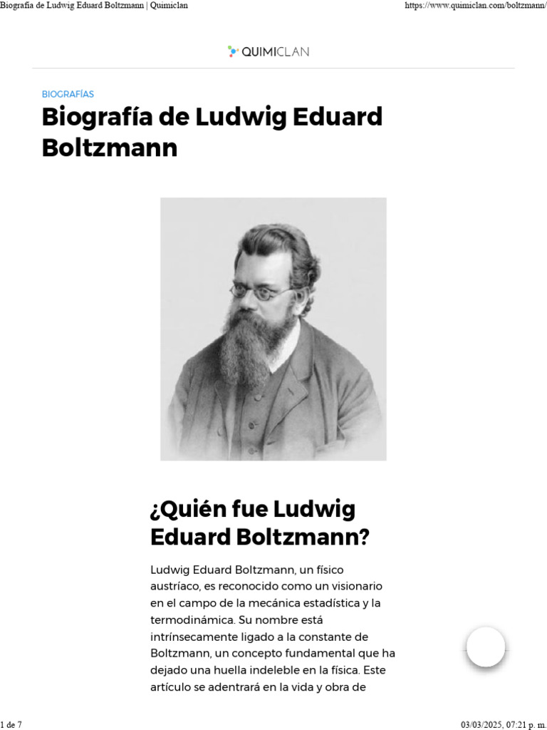Biografía de Ludwig Eduard Boltzmann _ Quimiclan | PDF | Entropía | Mecánica estadística