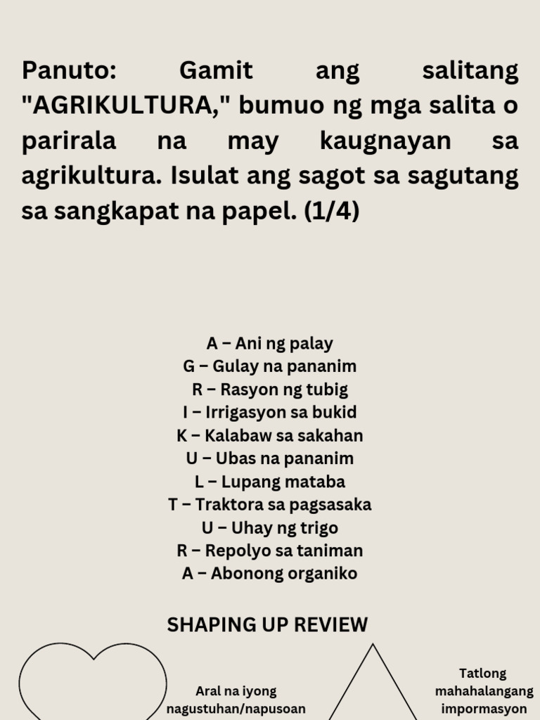 Panuto Sa Pagsusulit Gamit Ang Salitang AGRIKULTURA, Bumuo NG Mga ...