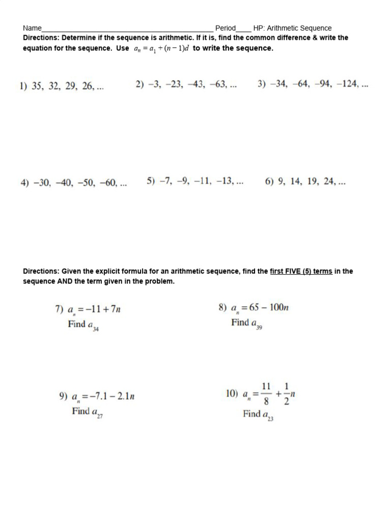 Arithmetic Sequence Problem Set | PDF