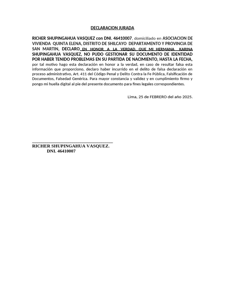 Declaración Jurada de Identidad | PDF