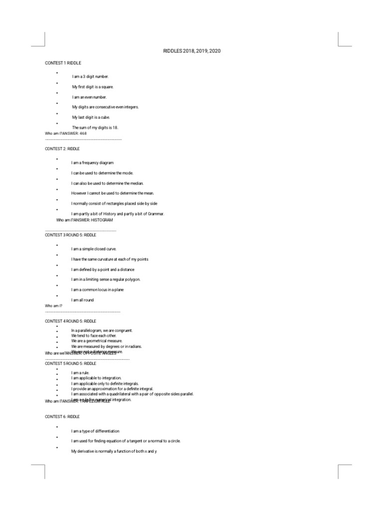 NSMQ Riddles-40 Contests | PDF | Subtraction | Trigonometric Functions