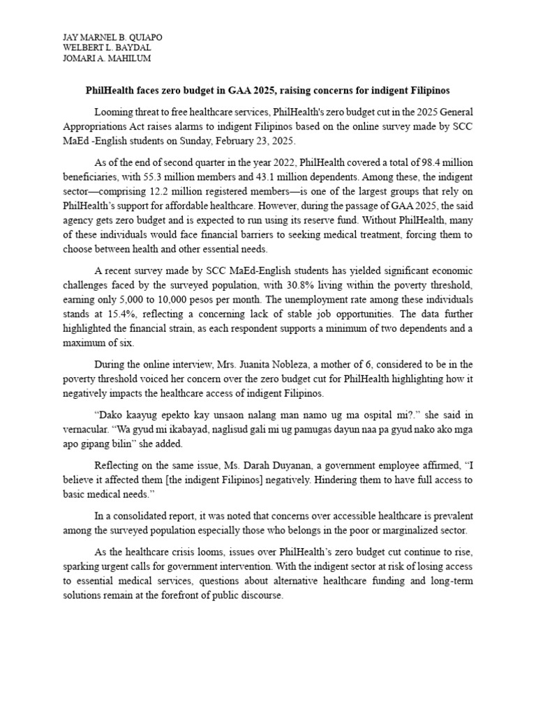 PhilHealth's Zero Budget Impact on Indigents | PDF | Poverty | Poverty ...
