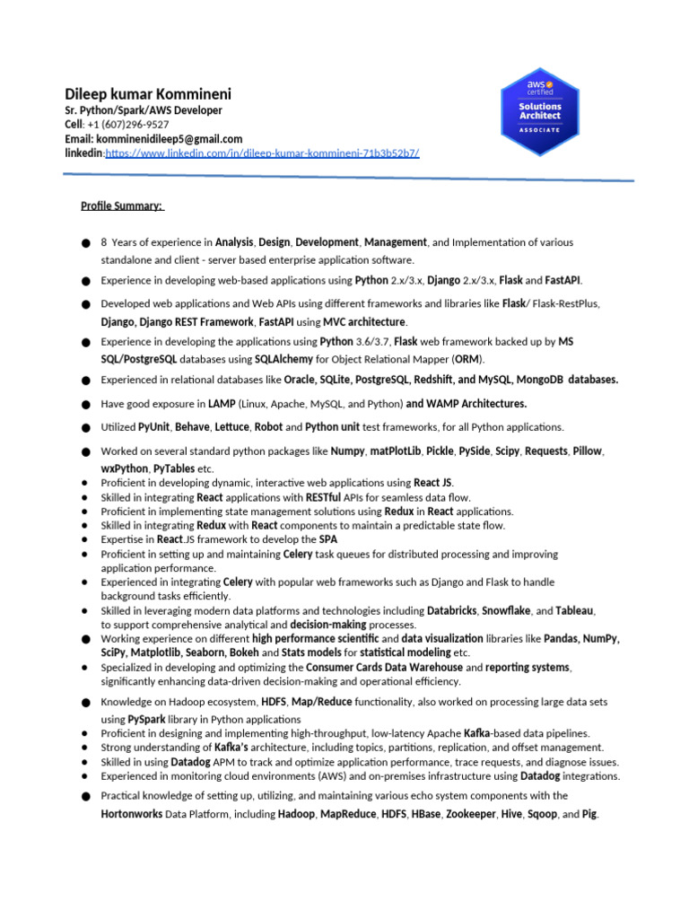 Dileep Kumar Kommineni - Resume | PDF | Apache Spark | Amazon Web Services