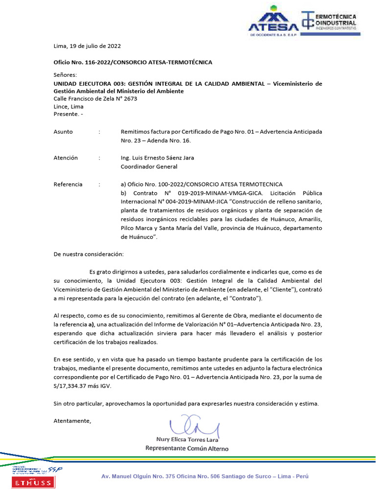 19.07.22 Huánuco 116-2022 - Presentacion de factura AA23 E001-176 | PDF | Residuos
