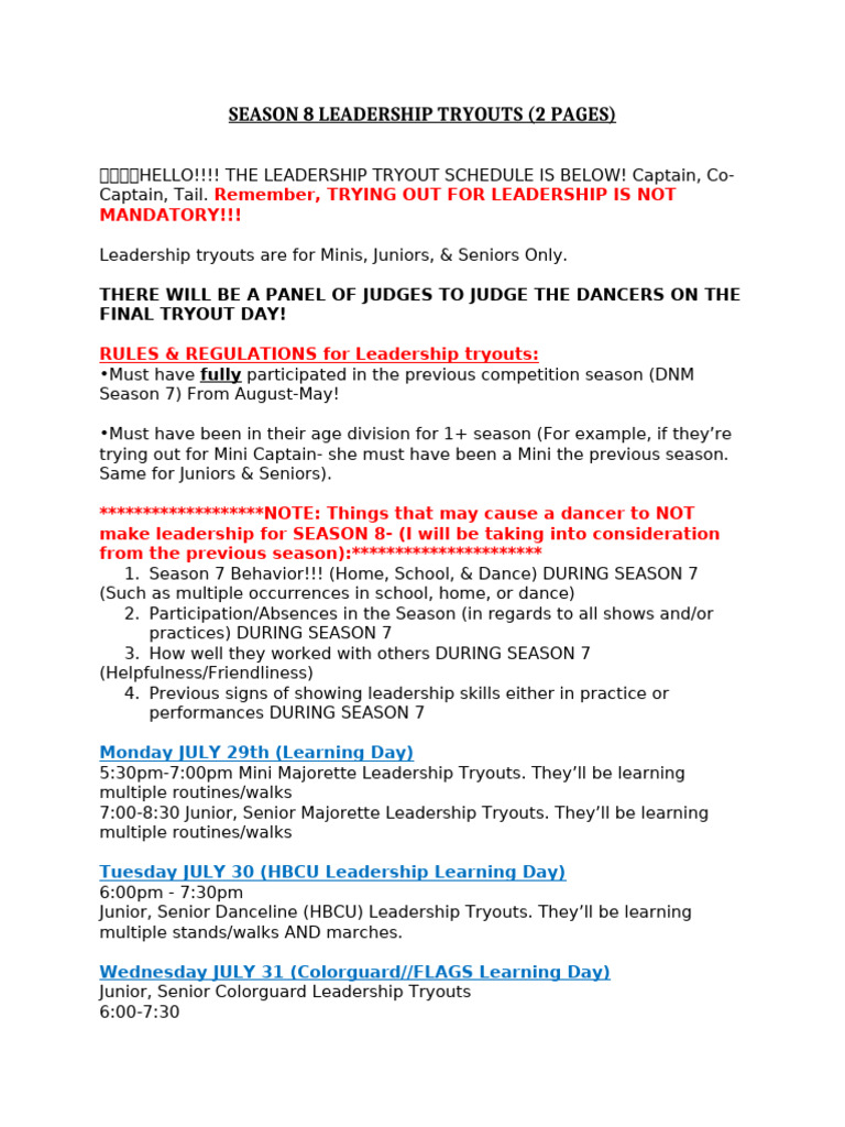 S8 Leadership Tryout Requirements | PDF | Dances