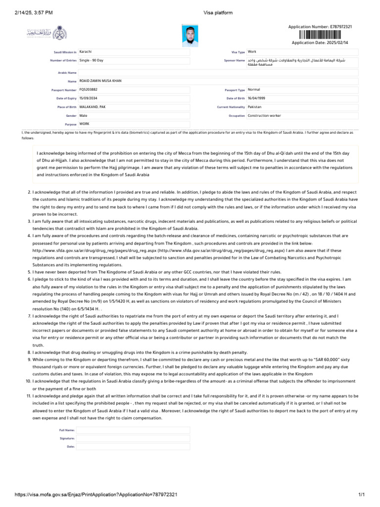 Saudi Arabia Visa Agreement and Terms | PDF | Travel Visa | Saudi Arabia